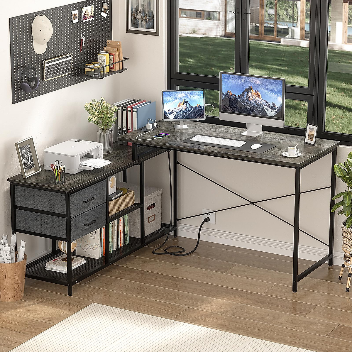 Homieasy Reversible L Shaped Desk with Power Outlet, Corner Computer Desk with Drawers and Storage Shelves, L-Shaped Long Home Office Desk Study Writing Desk Gaming Desk, Grey Oak