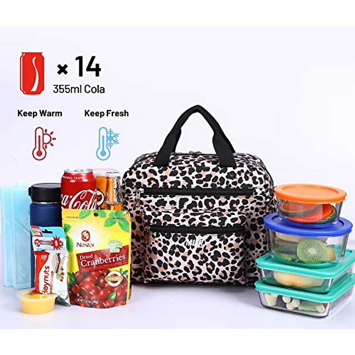 MIER Leopard Lunch Bag for Womens Ladies-Insulated Adult Lunch Box Stylish Cute Lunch Totes with Shoulder Strap Portable Fashion Lunch Cooler Bag