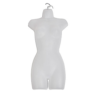 SSWBasics Female Molded Shatterproof Frosted Shapely Torso Form with Hook - Fits Women's Sizes 5-10 - Hanging Fashion Form Mannequin to Display Top and Bottom Merchandise