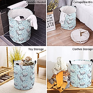 Cartoon Marine Life Freestanding Laundry Basket with Handles, Collapsible Waterproof Large Laundry Hamper for Baby Nursery Kids Room Dorm Storage, Ocean Theme Cute Whale and Bubble