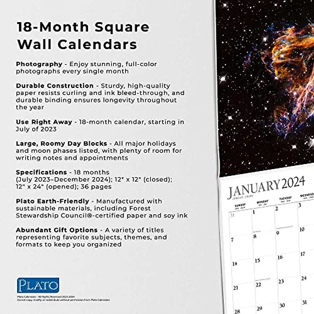 NASA Explore the Universe | 2024 12 x 24 Inch 18 Months Monthly Square Wall Calendar | Foil Stamped Cover | July 2023 - December 2024 | Plato | Space Cosmos Inspiration
