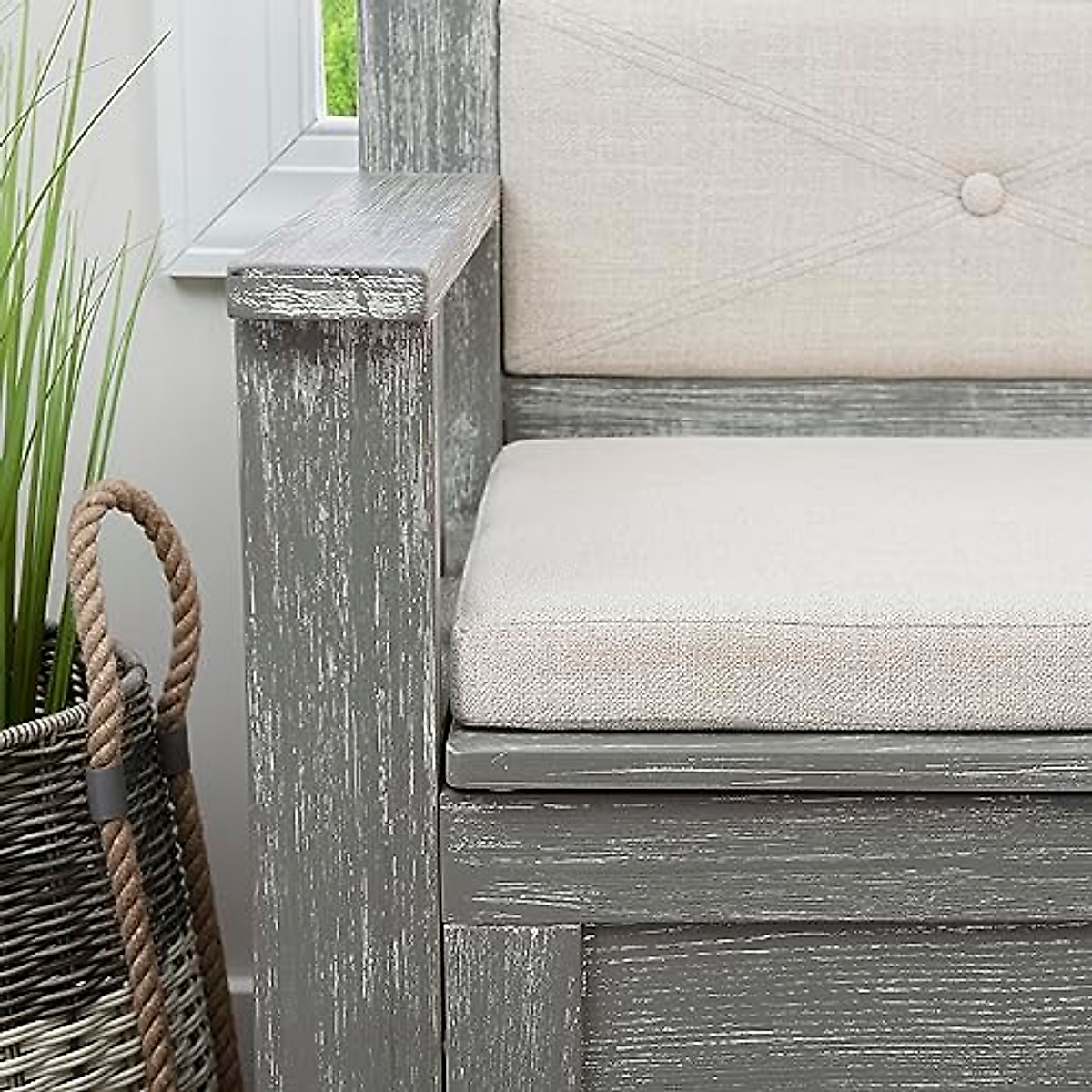 Linon Weathered Grey Carlton Storage Bench with Beige Upholstered Back and Cushioned Seat