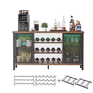 SOSPIRO Bar Cabinet with Wine Rack, LED Lights Industrial Coffee Bar Cabinet for Liquor and Glasses, Liquor Cabinet Bar for Home, Wine Bar Cabinet with Adjustable Shelves (Grey)