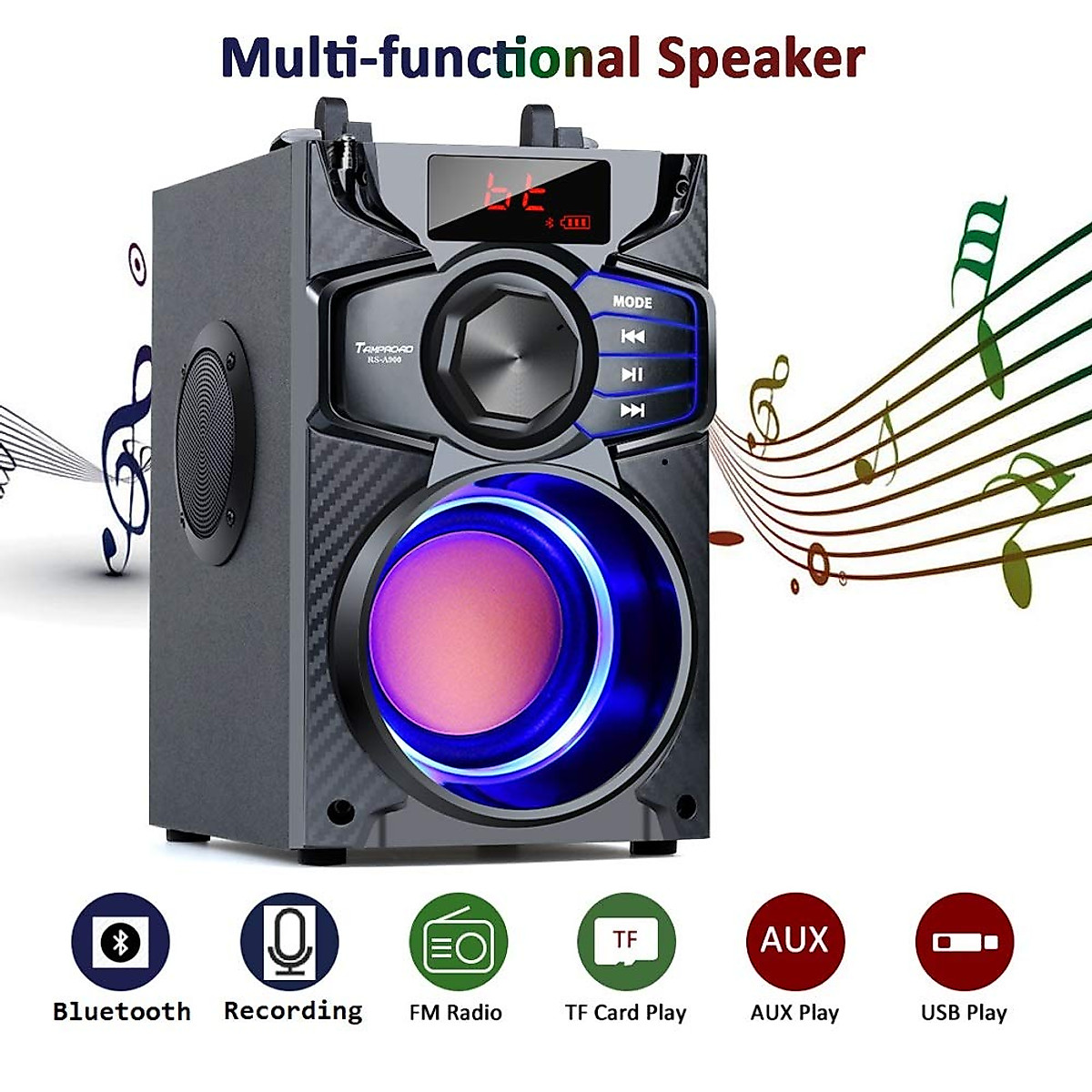Bluetooth Speakers, Wireless Speaker with Impressive Sound, Rich Bass, Wireless Stereo Pairing, Portable Speaker with Party Light, Support Remote Control FM Radio for Phone Computer PC Home TV
