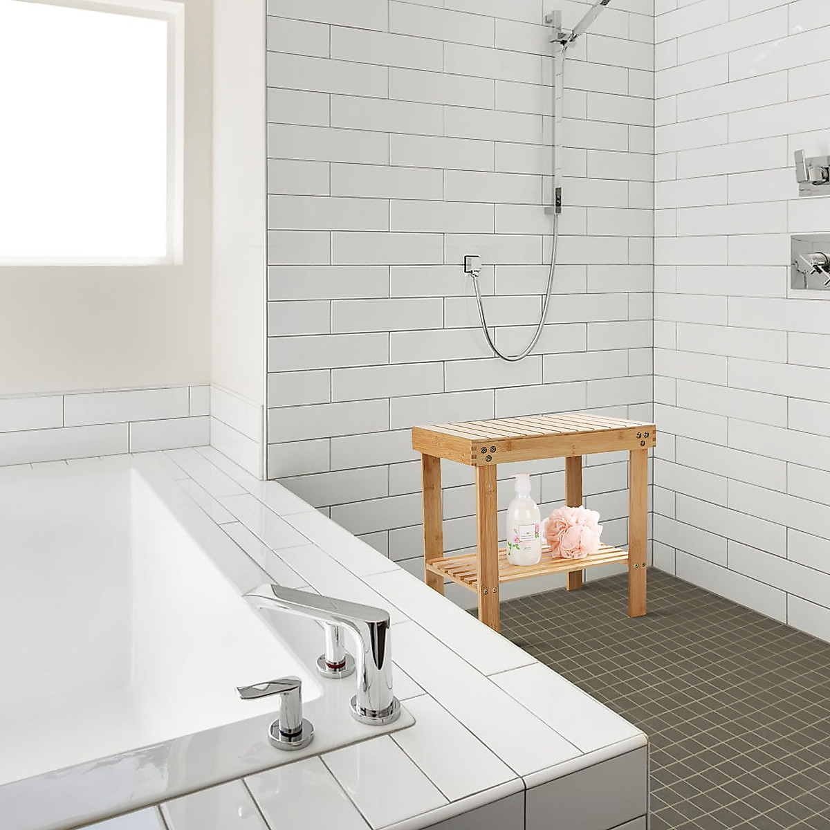 VaeFae Bamboo Spa Bench Wood Seat Stool Foot Rest Shaving Stool with Non-Slip Feets Storage Shelf for Shampoo Towel,Works in Bathroom/ Living Room/ Bedroom/Garden Leisure