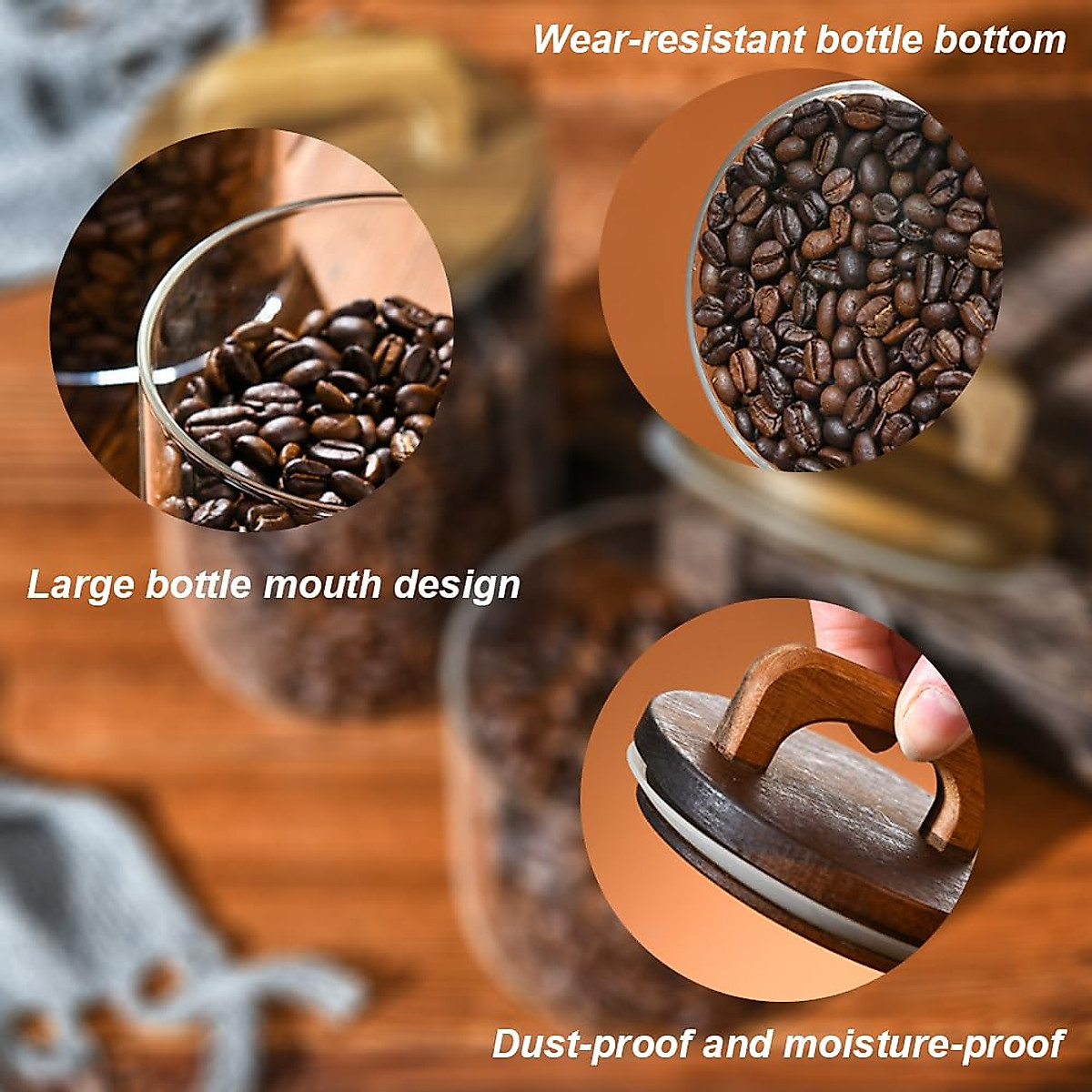 Glass Food Storage Containers, Clear Decorative Organizer Bottle Canister Pantry Jar with Air Tight Wooden Lid, Glass Jar With Lid for Coffee Bean Candy Cookie Noodles Nuts Spices etc, 27oz/800ml