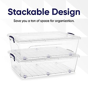 Superio Under Bed Clear Storage Bin with Lid, Stackable Plastic Storage Container with Latch Closure (42 Quart- Under Bed)