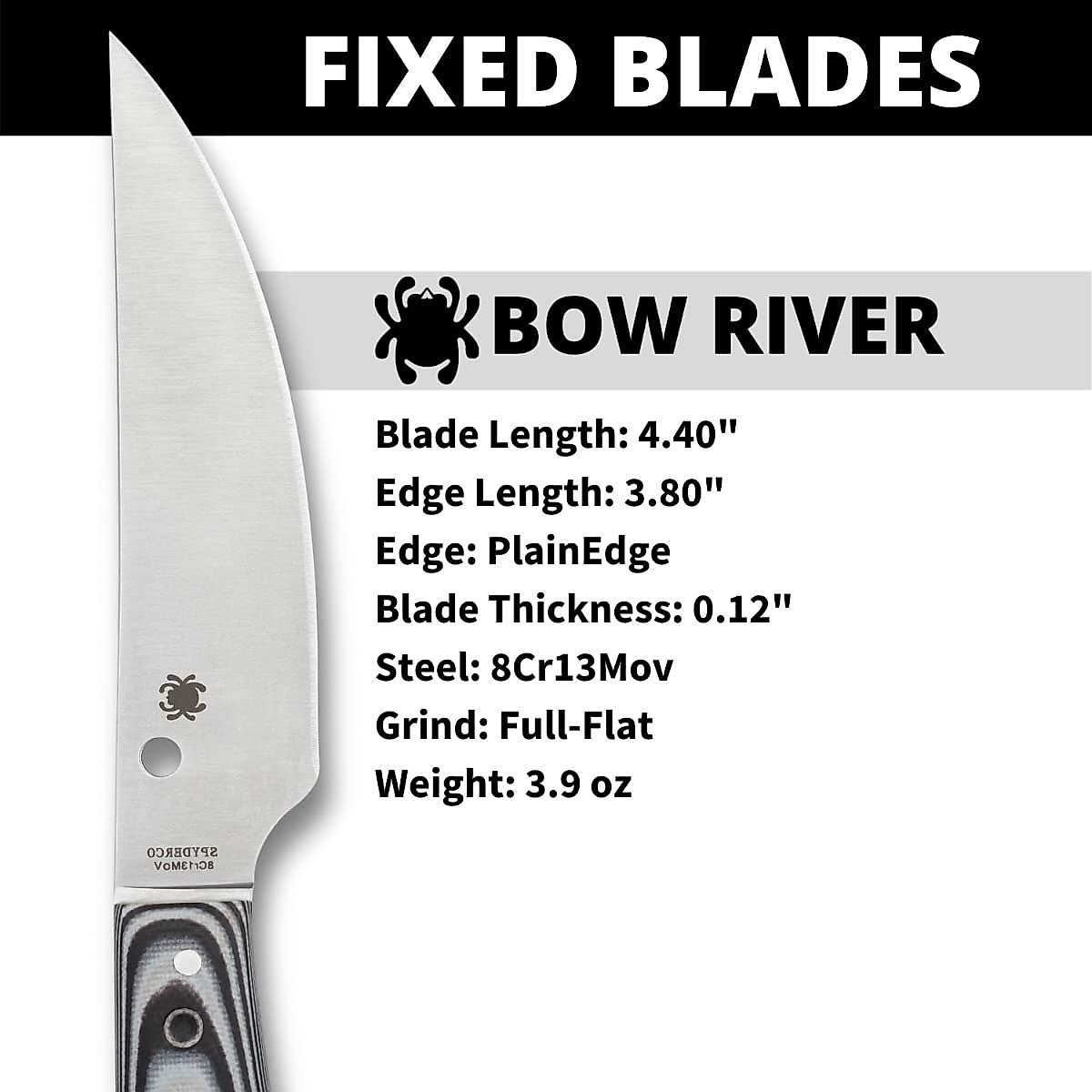 Spyderco Bow River Fixed Blade Utility Knife with 4.40" 8Cr13MoV Stainless Steel Blade and Premium Handcrafted Leather Sheath - PlainEdge - FB46GP