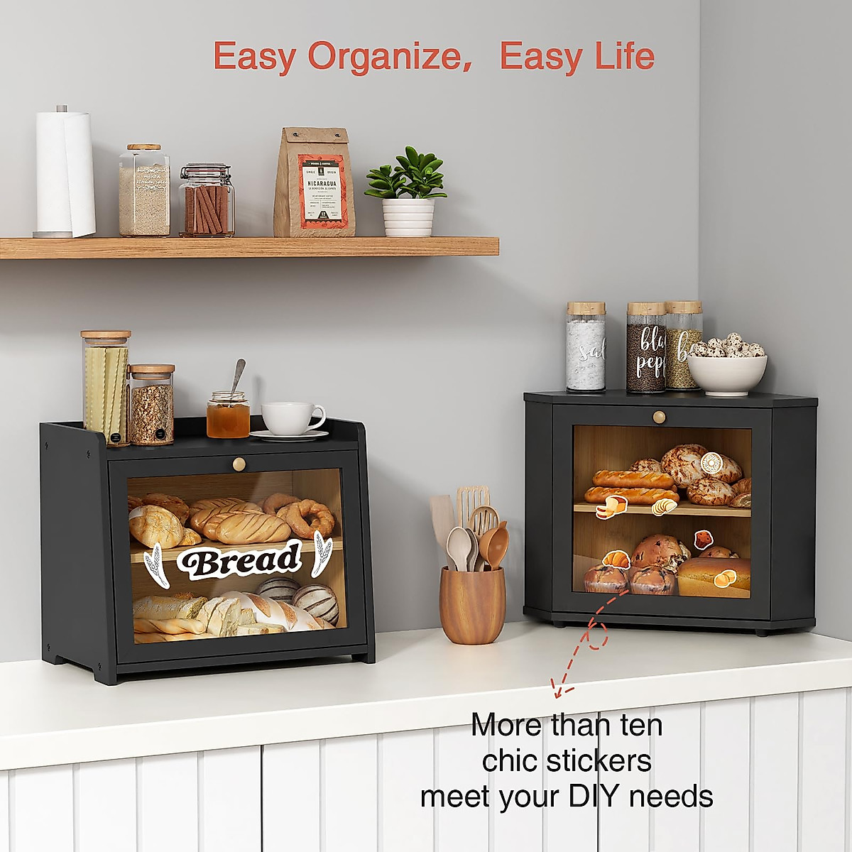 Goozii Corner Bread Box for Kitchen Countertop, Black Bread Storage Container for Homemade Bread, Two Layer Breadbox under Cabinet Mount, Large Bread Holder for Kitchen Counter, Panry Shelf