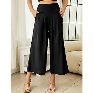 Hooever Women's Cotton Linen Culottes Pants Elastic Waist Wide Leg Palazzo Trousers Capri Pant (Black-XL)