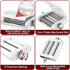 Pasta Maker 3-in-1 Attachment for KitchenAid Stand Mixers, Including Fettuccine and Spaghetti Cutter, Pasta Sheet Roller, Pasta Maker Accessories and Cleaning Brush
