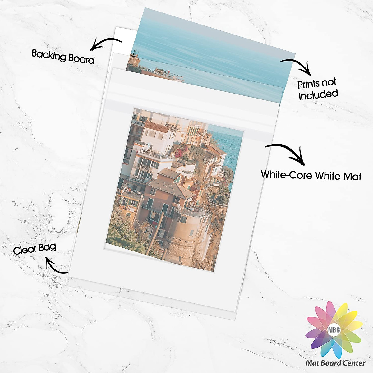 Mat Board Center, 10 Pack of White Pre-Cut Mat Board 16x20 Picture Mat for 11x14 Photo with White Core Bevel Cut Mattes Sets. Includes 10 Acid Free Mats & 10 Backing Board & 10 Clear Bags