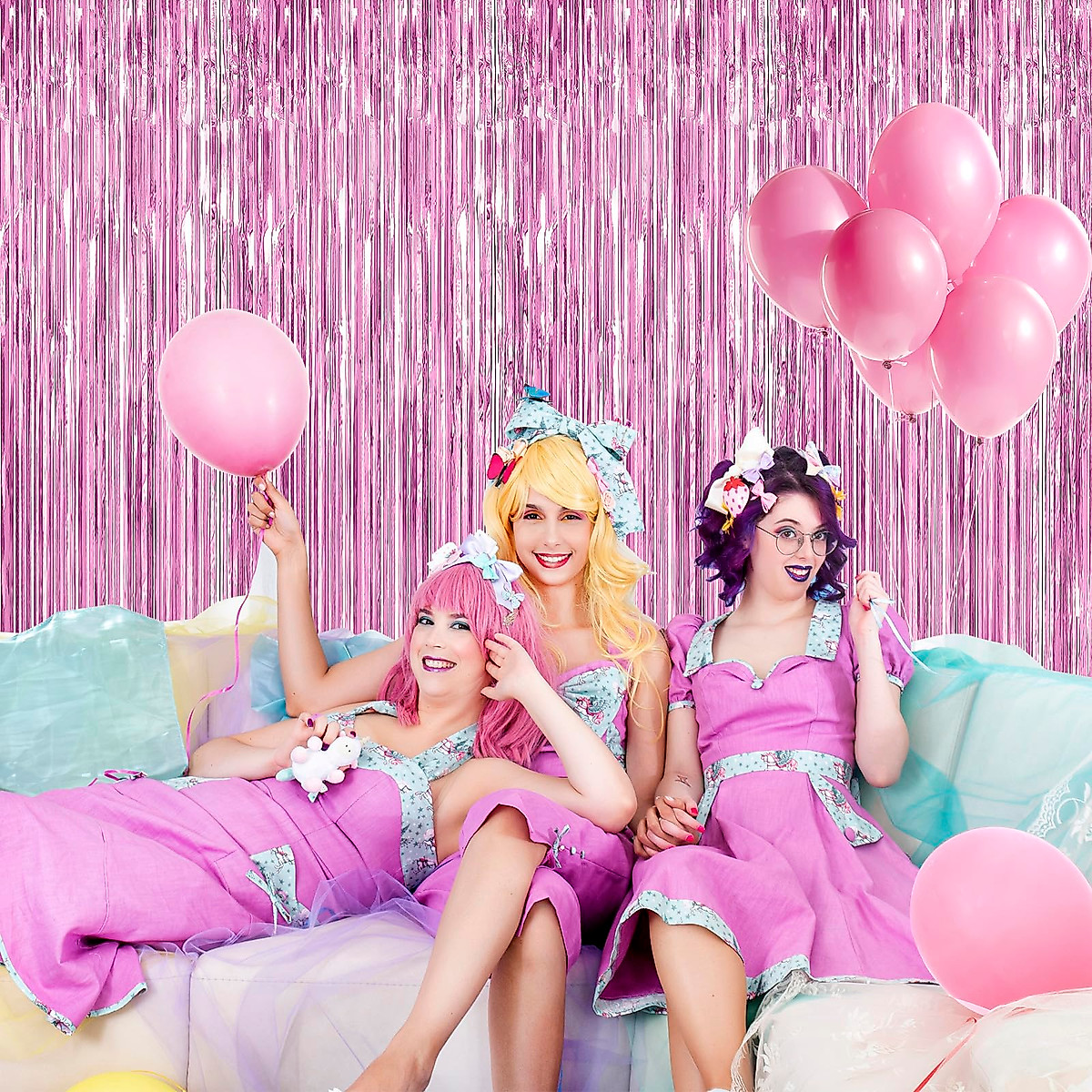 MEEZY 3Pack 3.2ft x 8.2ft Pink Foil Fringe Curtains Backdrop Metallic Foil Tinsel Streamers with Pink Balloons for Bachelorette Baby Shower Wedding Birthday Bridal Shower Party Decorations