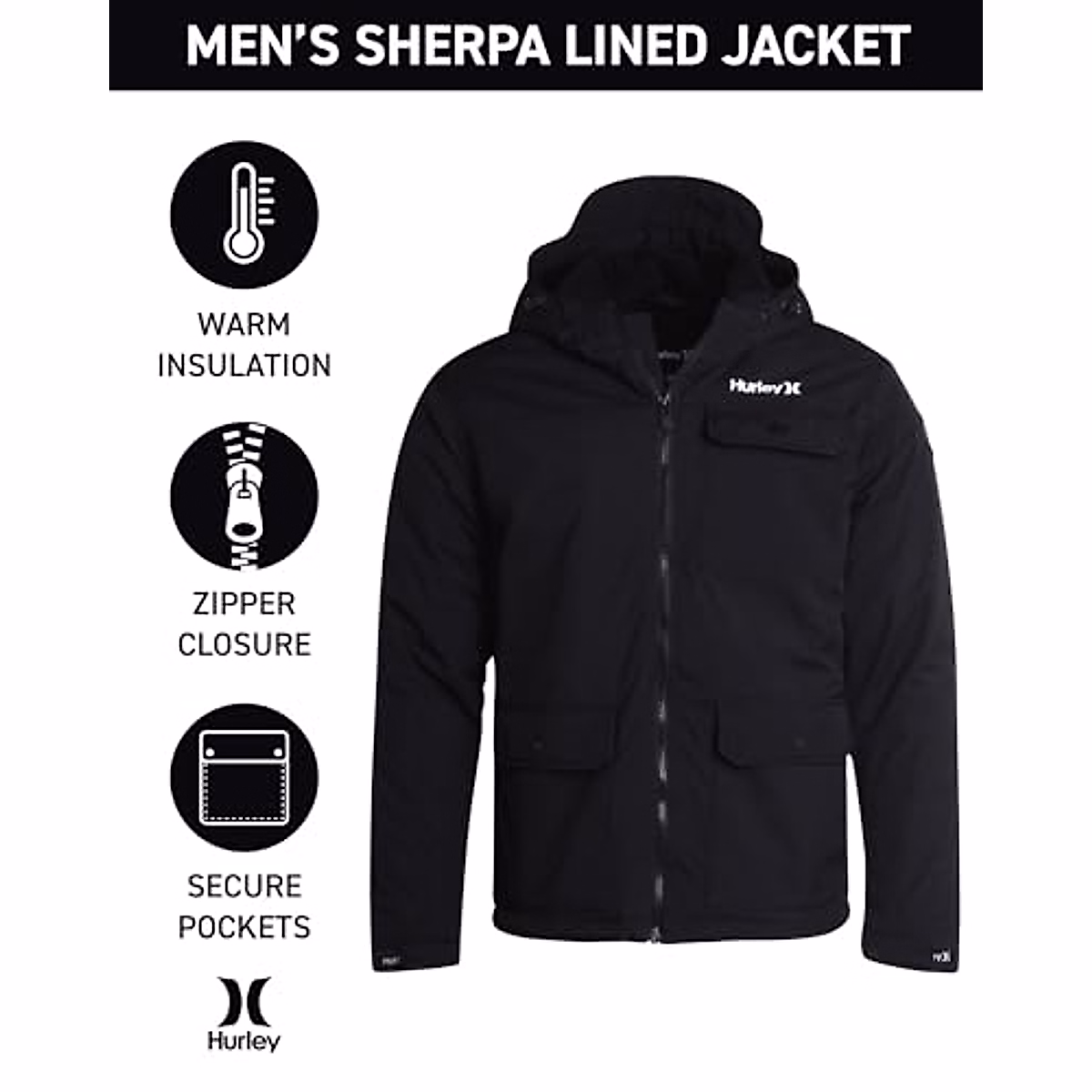 Hurley Men's Winter Jacket - Warm Sherpa Lined Outdoor Jacket with Multiple Pockets - Men's Zip Up Hooded Ski Jackets (S-XL), Size Large, Black