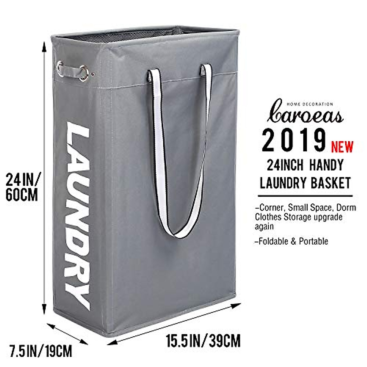 Cloth Clothes Basket, Caroeas 24" Handy Hanging Laundry Basket Tall & Slim Hamper Waterproof Laundry Bag Collapsible Travel Laundry Bag with Breathable Mesh Cover & Soft Handle Laundry Hamper (Grey1)