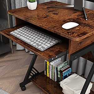 Small Corner Computer Desk, Rolling Computer Desk for Small Space Bedroom, Home Office Study Computer Desk on Wheels, Mobile Computer Table Portable Laptop Cart with Shelves,Rustic Brown