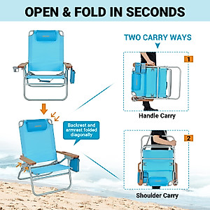 #WEJOY Oversized Beach Chair, 5 Adjustable Reclining Folding Backpack Beach Chairs for Adult, High Back Seat Chair with Bottle Opener,Handle Strap,Phone&Cup Holder for Camping Sand,300 Lbs