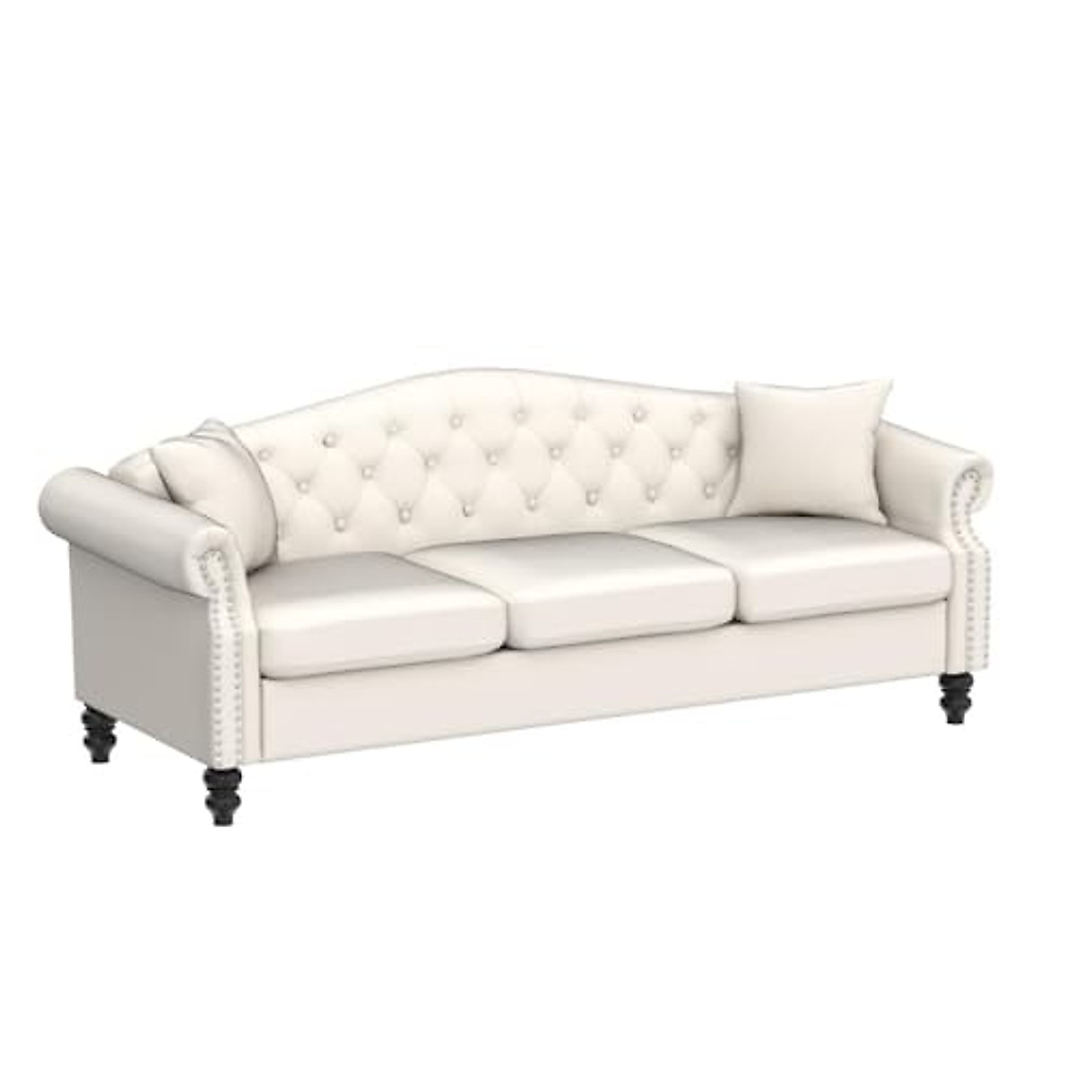 79" Velvet Chesterfield Sofa for Living Room,3 Seater Sofa Button Tufted Nailhead Trimming Curved Backrest Rolled Arms with Wood Legs with 2 Pillows,Bedroom,Office (Beige Velvet, 79*30*32")