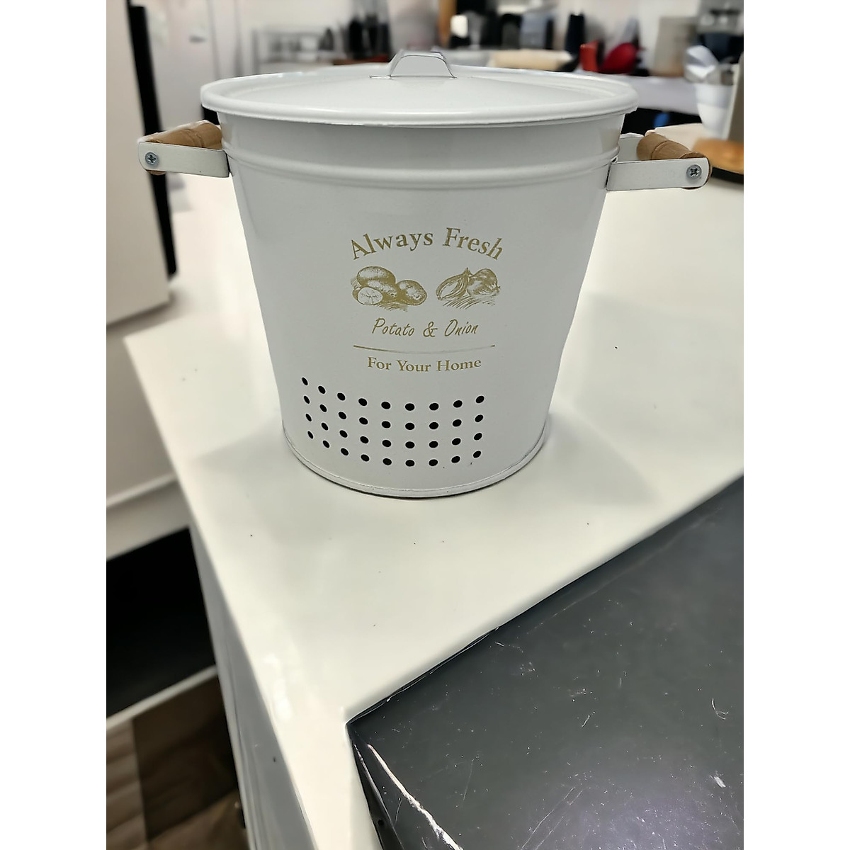 Metal Storage Bin, Onion Storage and Patato Storage, Vegetable Storage Bin with Aerating Tin Storage Holes, Metal Kitchen Storage, Kitchen Pantry Organizer Tin Vegetable Fresh Keeper (White-Wood)