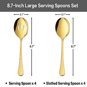 LIANYU 8 Pack Gold Serving Spoons, Gold Slotted Serving Spoons, 8 3/4 Inch Stainless Steel Serving Utensils Spoon Set for Banquet Catering Buffet Dinner Restaurant Party