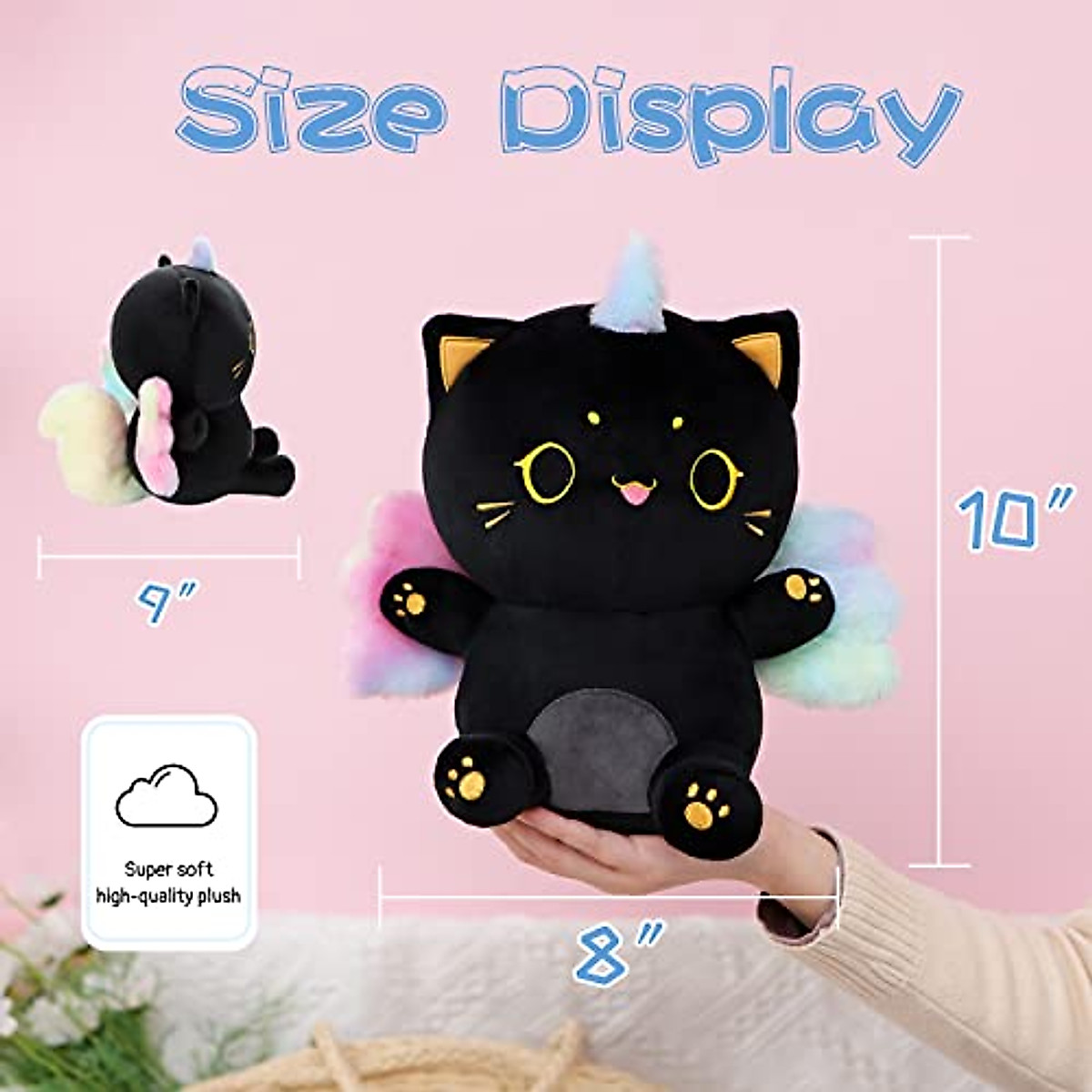 AIXINI Cute Caticorn Plush Stuffed Unicorn Black Cat Animal Plushie 10" Soft Toy with Rainbow Wings for Girls