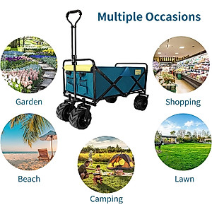 Beach Cart with Big Wheels for Sand, Ribitek Outdoor Folding Camping Grocery Portable Utility Cart, Heavy Duty 300 Lbs Capacity Collapsible All Terrain Sports Wagon with Adjustable Handle for Camping