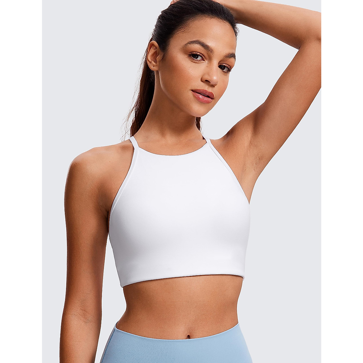 CRZ YOGA Butterluxe Womens High Neck Y Back Sports Bra - Padded Halter Racerback Spaghetti Thin Strap Workout Gym Top White Medium