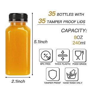TOMNK 35pcs 8oz Plastic Juice Bottles with Caps, Reusable Clear Bottles with Label, Funnel and Brush Beverage Containers Bulk with Lids for Juicing, Smoothies, Drinking