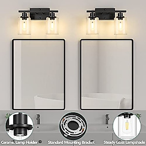 2-Light Black Bathroom Light Fixture, Vanity Light Over Mirror with Clear Glass Shade, Modern Black Sconce Wall Lighting with Metal Base, Farmhouse Wall Mount Lamp for Bathroom, Living Room, Bedroom
