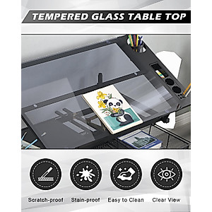 LifeSky Adjustable Drafting Table for Artists - Drawing Table with Storage for Artwork - Glass Art Desk with Drawers for Artists Painters Illustrators Cartoonists