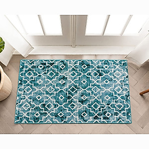 Wonnitar Moroccan Washable Area Rug - Small 2x3 Teal Distressed Entryway Rug Doormat Modern Geometric Non-Slip Throw Rug Faux Wool Floor Carpet for Bathroom Laundry Indoor Office (Teal,2'x3')