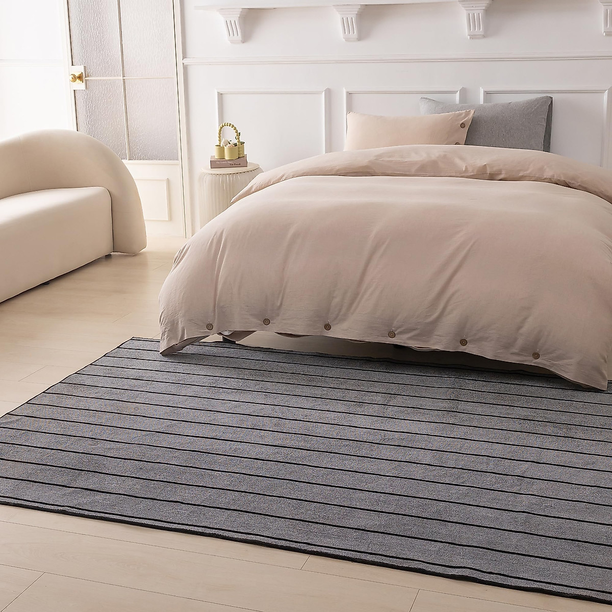 Serenhom Modern Ultra Soft 5x7 Area Rug - Non-Shedding, Machine Washable, Non-Slip Shaggy Carpet for Living Room, Bedroom, Kitchen, Dining Room, Patio, Office - Black/White Line Boho Moroccan Style