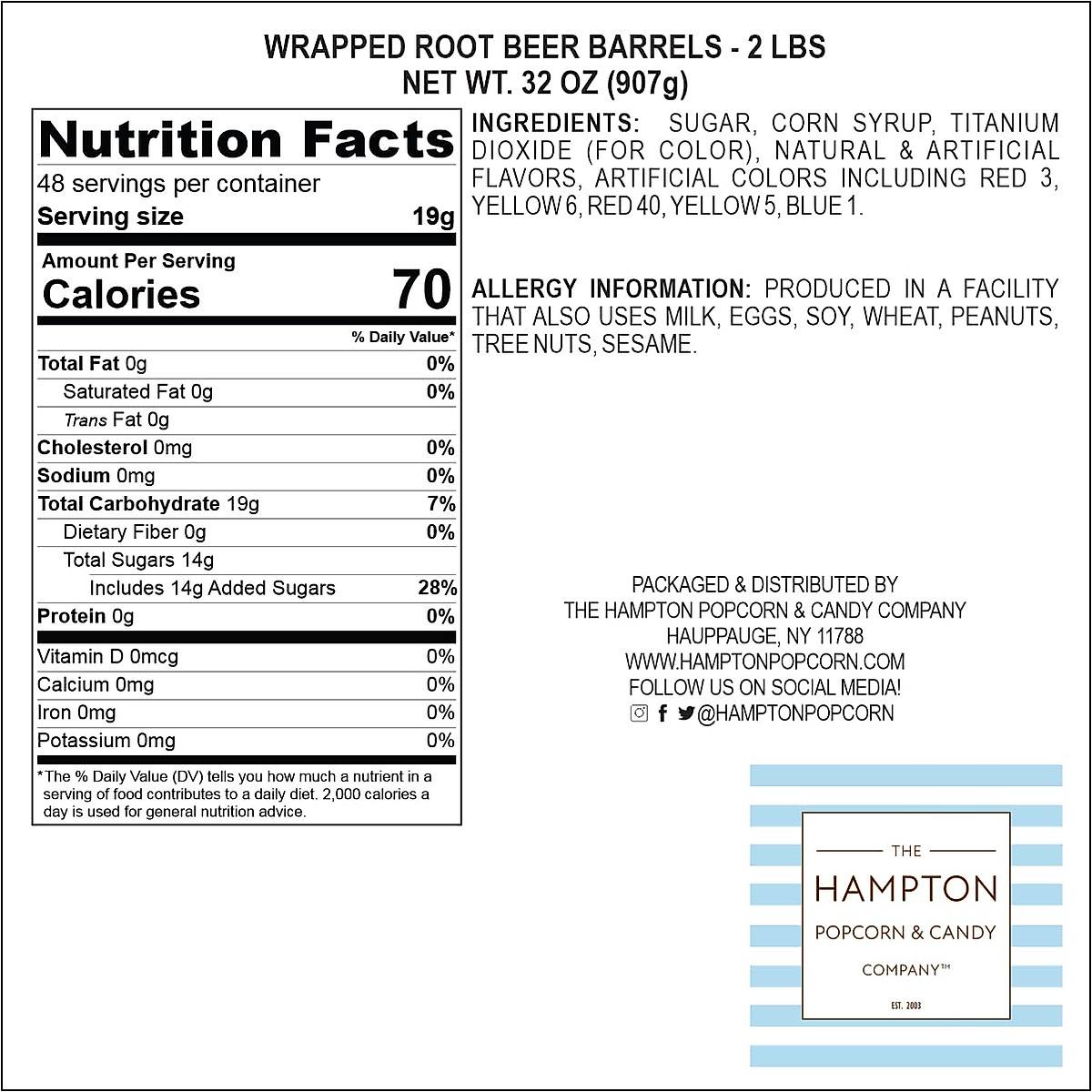 Root Beer Barrels Hard Candy - 2lb Bulk Bag (Approximately 130 pcs) - Old Fashioned Hard Candy - Individually Wrapped Bulk Candy - The Hampton Popcorn & Candy Company
