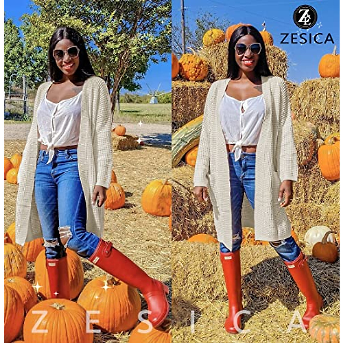 ZESICA Women's 2023 Fall Long Batwing Sleeve Open Front Chunky Knit Cardigan Sweater,B&Apricot,XX-Large