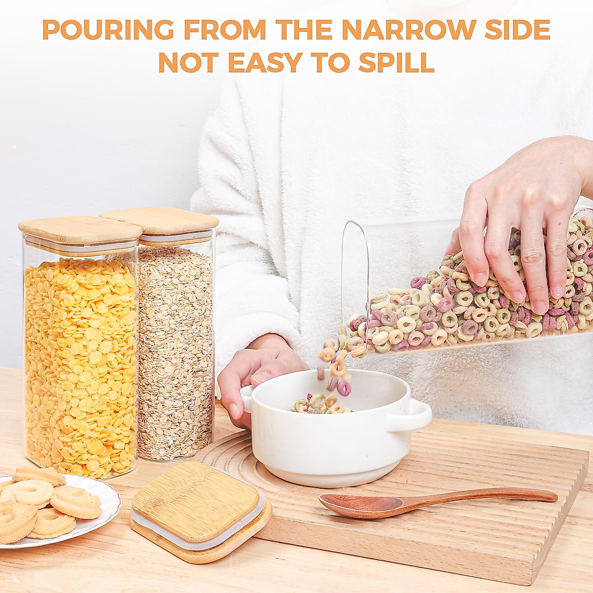 ComSaf 54oz Rectangle Glass Storage Containers with Lids, Glass Jars with Bamboo Lids, Clear Food Storage Jar, Sugar Coffee Containers, Pantry Storage Container for Pasta Rice Flour Oats Nuts Tea