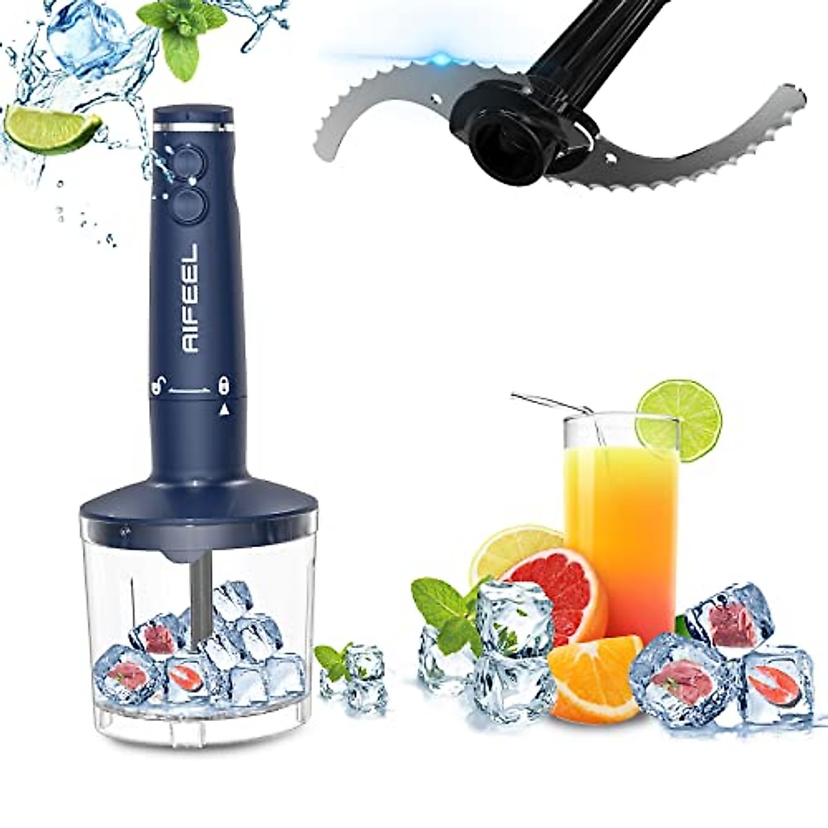Aifeel Immersion Hand Blender.300W Handheld Stick Blender Set with 500ML Food Processor, Ice Crusher.600ML Measuring Cup, SUS blending attachment and Wire Whisk - Blue