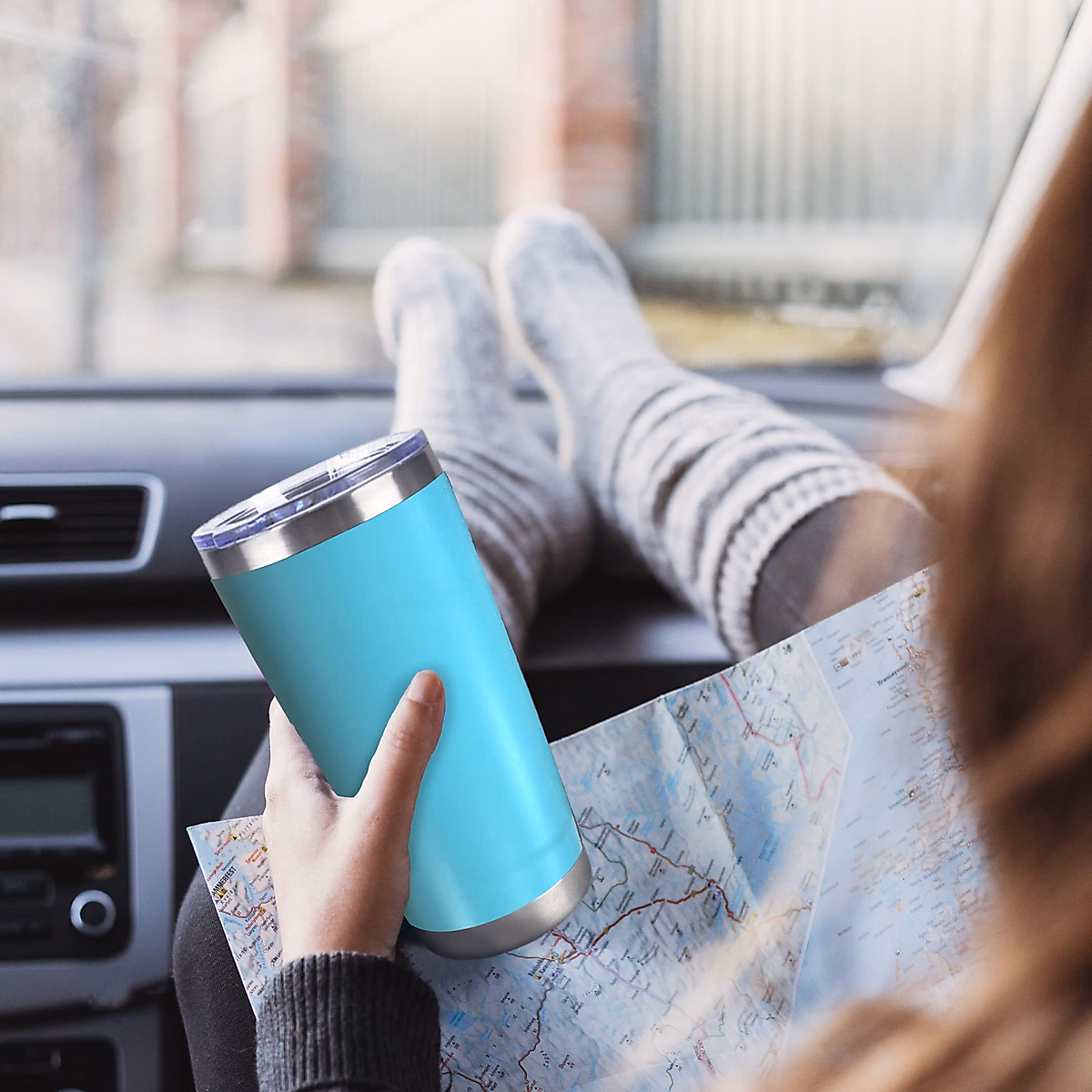 IHTISAB Stainless Steel Tumbler, 20 OZ Stainless Steel Vacuum Insulated Tumbler, there are two layers, Reusable Stainless Steel Travel Drinking Mug with Mag Slider Lid, Coffee Cups (Light Blue)