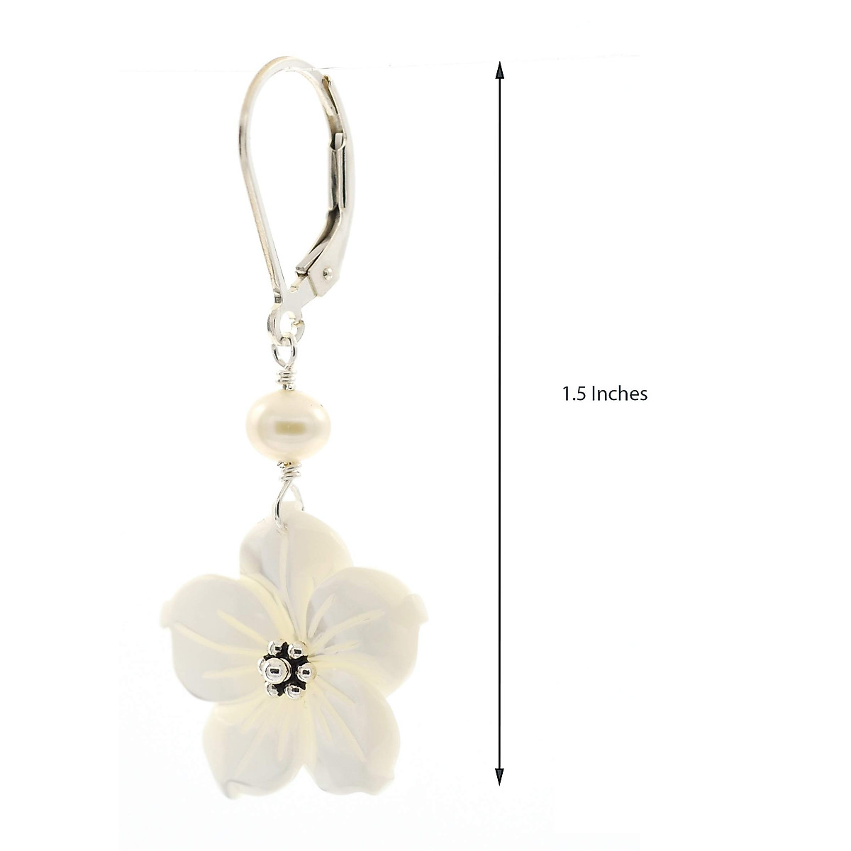 LTC Designs White Shell Flowers and White Freshwater Cultured Pearl Accent Drop Earrings with Sterling Ear Wires 3.5-4 mm for Women, Teens, and Girls