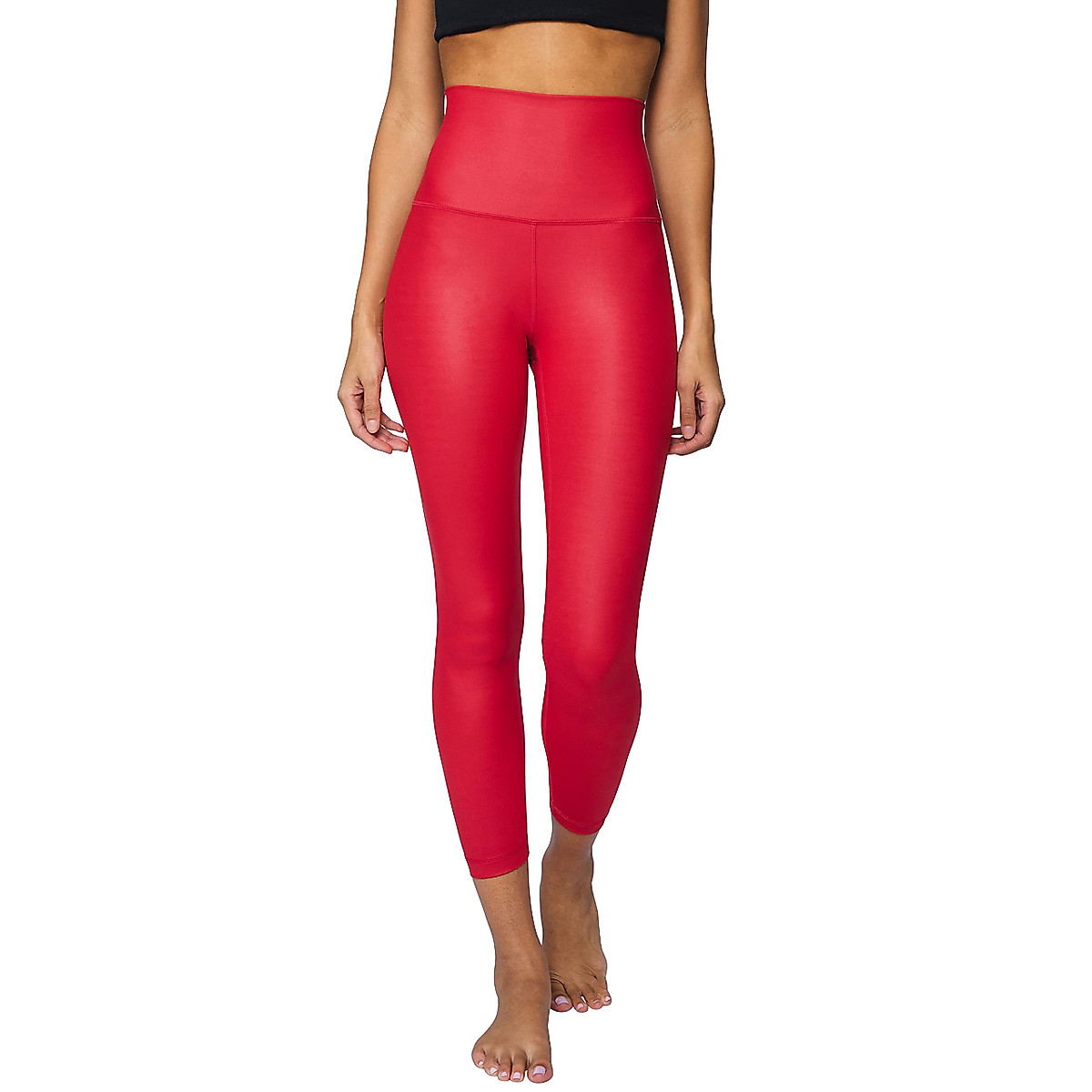 90 Degree By Reflex Womens High Waist High Shine Faux Leather Disco Ankle Leggings - Scorpio Red Elastic Free Super High Waist - Large