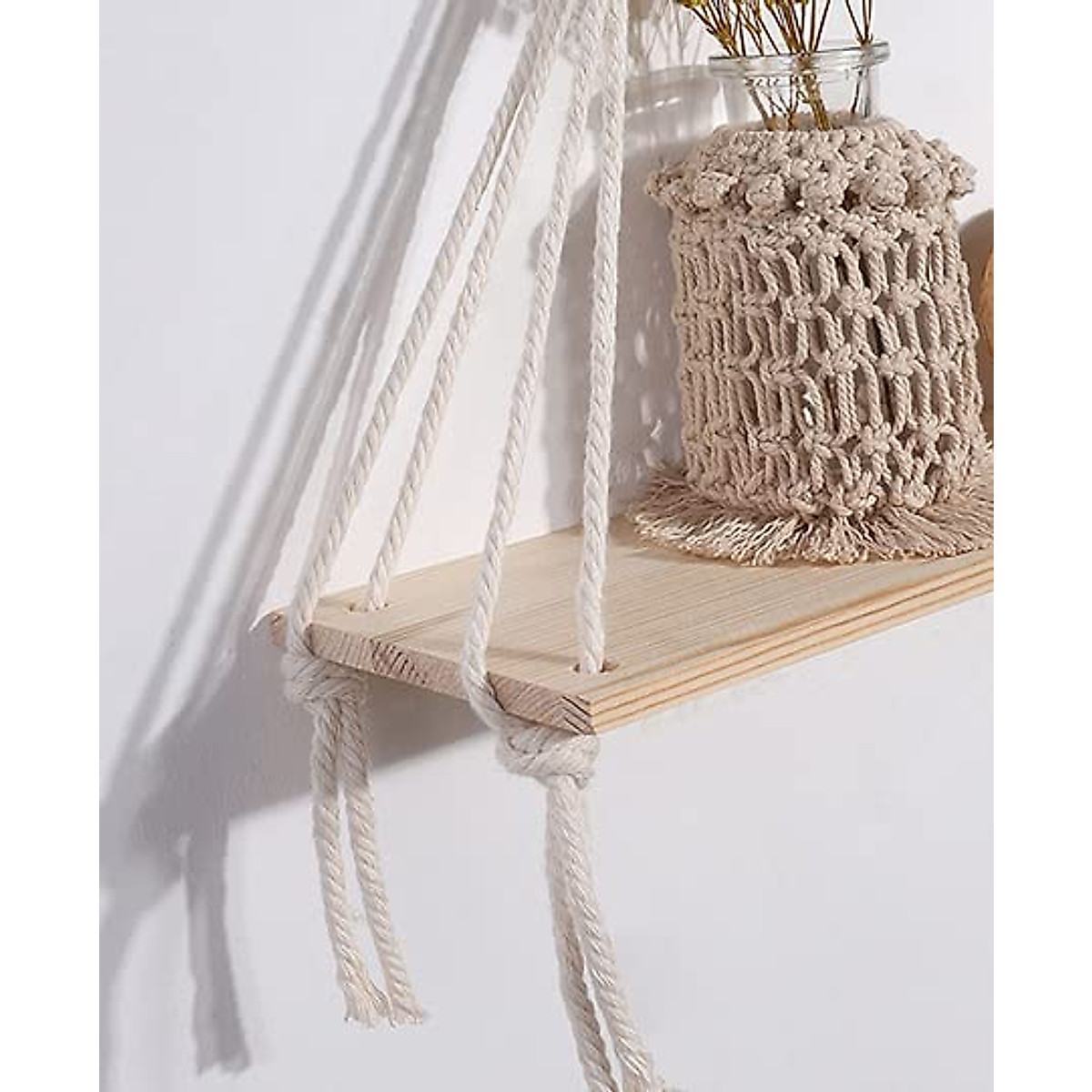 YuPinDiZu Macrame Wall Hanging Shelf | Boho Style with Wood Shelf | Handmade Macrame Shelf for Hanging Plants and Decor | Boho Wall Decor with Beautiful Macrame Rope and Shelf (13.8"X16") (13.8"X16")