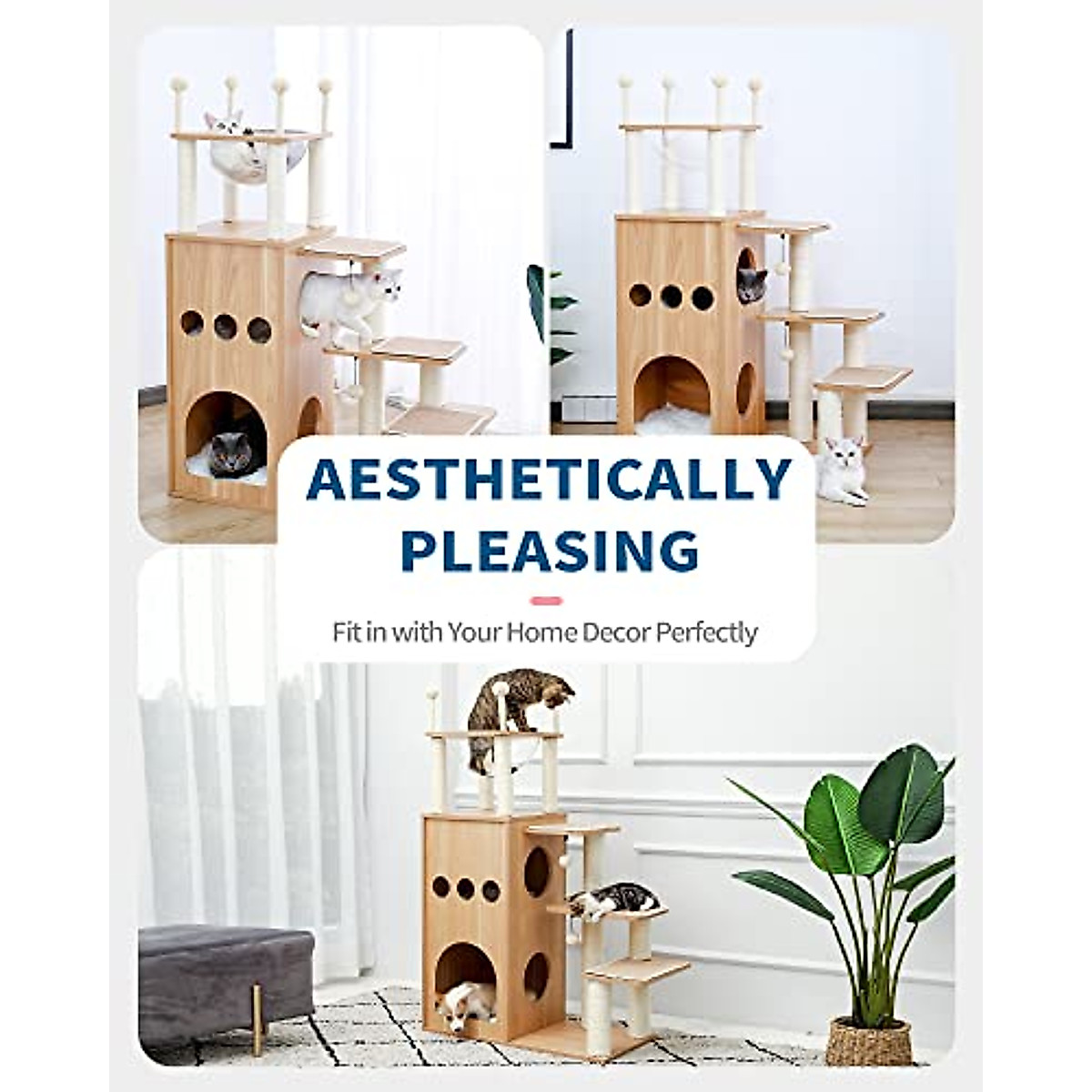 Made4Pets Modern Cat Tree for Large Cat, Wood Cat Tower Heavy Duty with Scratch Post for Indoor Big Cats, 51" Extra Tall Cat Condo Sturdy Frisco Castle with Clear Bowl for Kittens Maine Coon 20Lbs