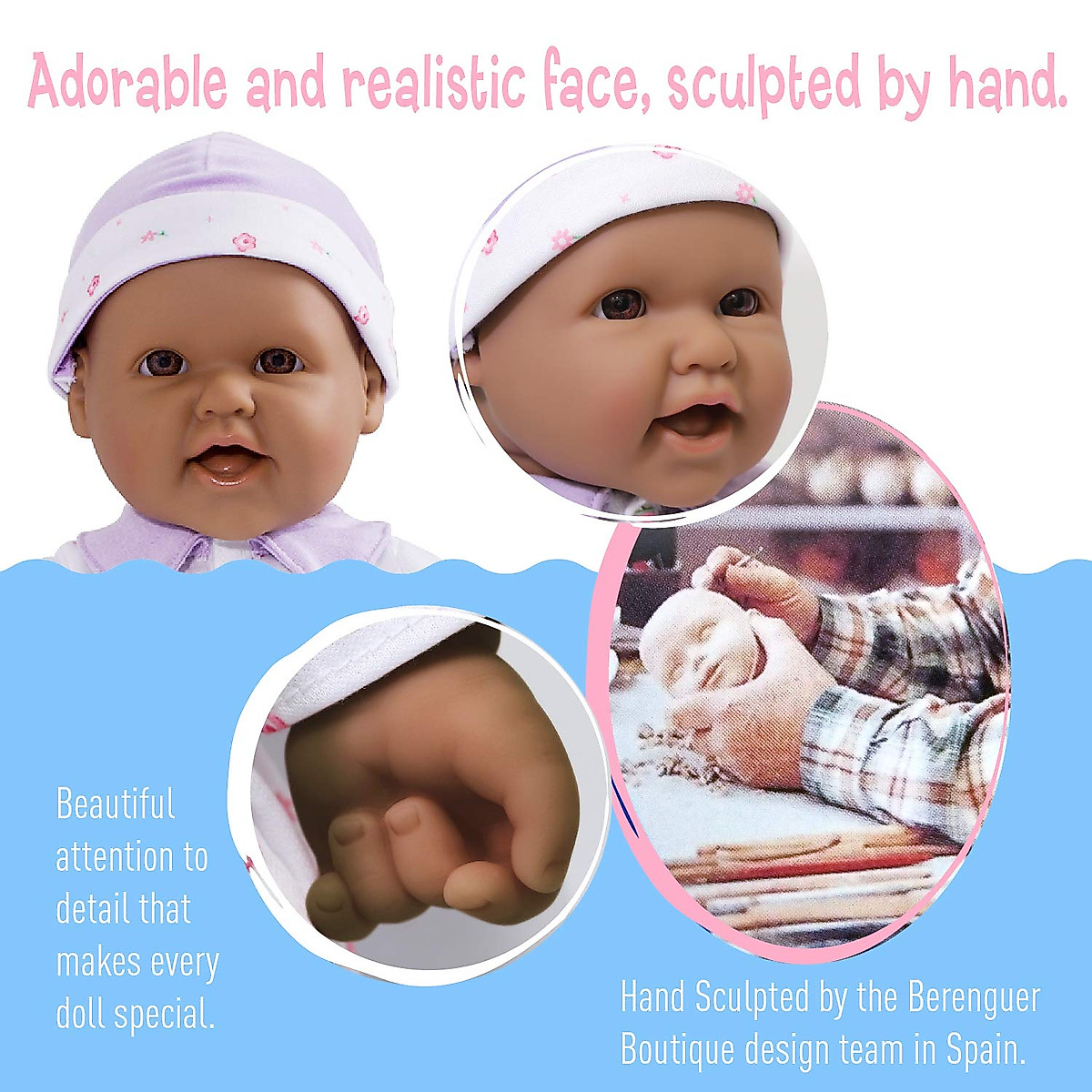 JC Toys Hispanic 16-inch Medium Soft Body Baby Doll La Baby | Washable |Removable Purple Outfit w/Hat and Pacifier | for Children 12 Months +, Hispanic-Purple