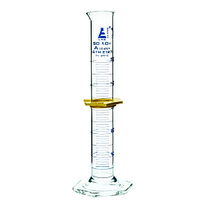 EISCO Graduated Cylinder, 50mL - ASTM, Class A Tolerance ±0.25mL - Protective Collar, Hexagonal Base - Blue Graduations - Borosilicate 3.3 Glass