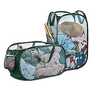 OTraki 2 Pack 70L Mesh Laundry Hampers with Long Handles Pop Up Clothes Basket for Laundry Collapsible Hamper with Large Side Pocket for Socks Detergent Hangers Easy to Carry in Home Hotel Green