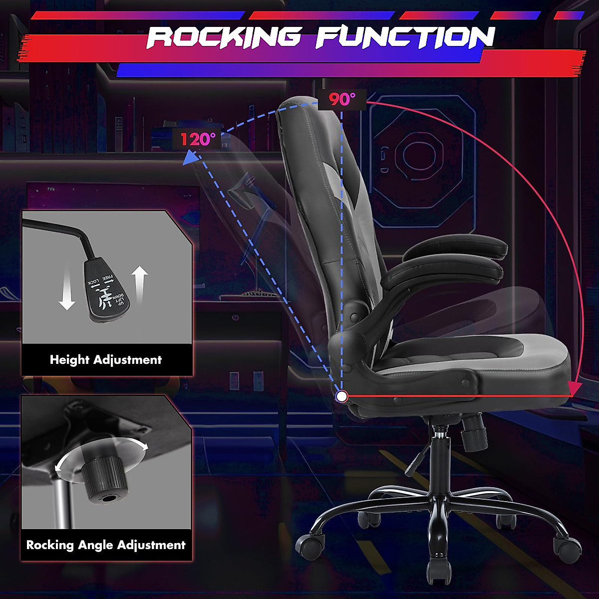 Sweetcrispy Computer Gaming Desk Chair - Ergonomic Office Executive Adjustable Swivel Task PU Leather Racing Chair with Flip-up Armrest for Adults, Kids, Men, Girls, Gamer, Black Grey