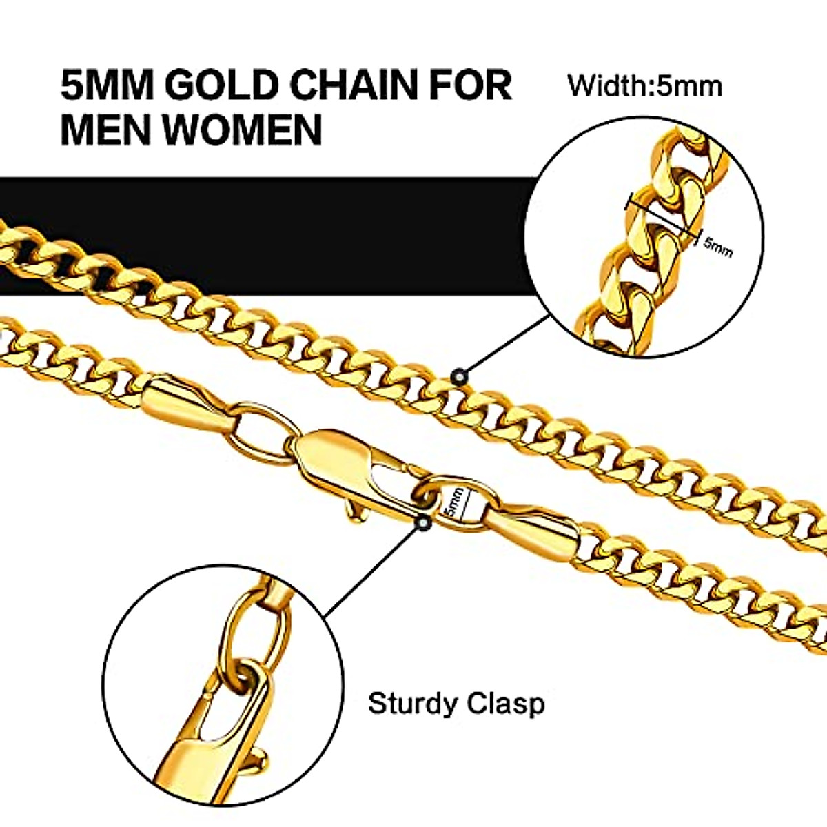 Evegfts Gold Chain for Men, 5MM Mens Chain Cuban Link Chain Necklace for Men Women Boy Girls Super Sturdy Shiny 20 Inch