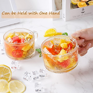 Gusnilo Set of 4pcs Vintage Embossed Clear Coffee Mugs with Bamboo Lid and Spoons,Tea,Latte,Yogurt Cups,Beverage,Overnight Oats Containers,14 Oz Glass Coffee Cups for Cappuccino