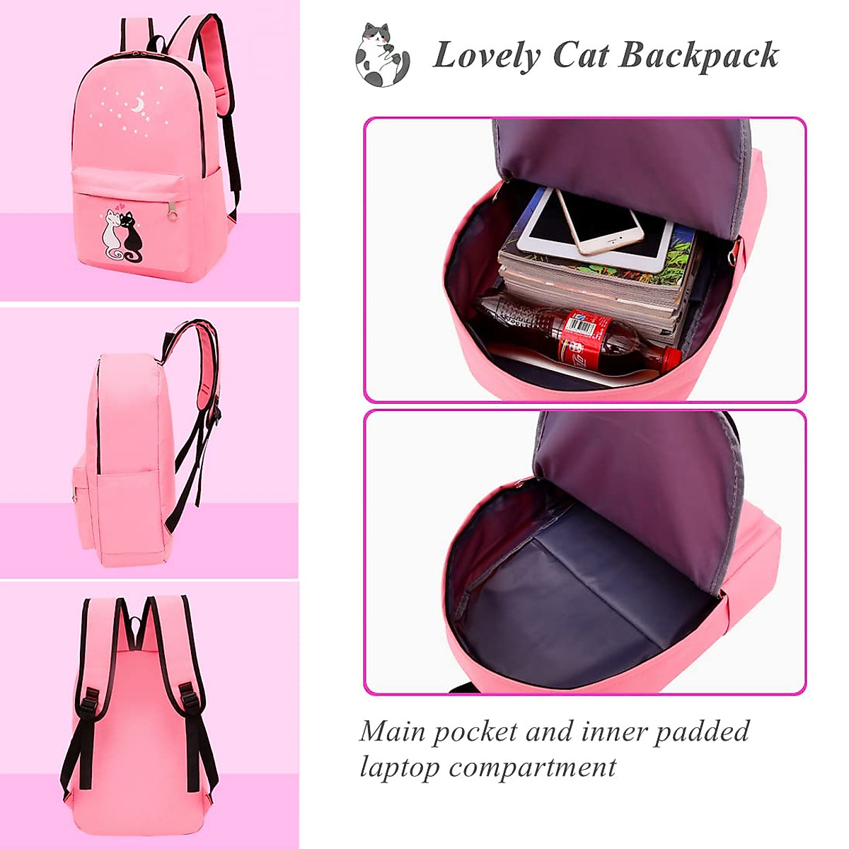 4Pcs Cute Cat Prints Canvas Primary School Bag Rucksack Backpack Set for Girls Elementary Bookbag