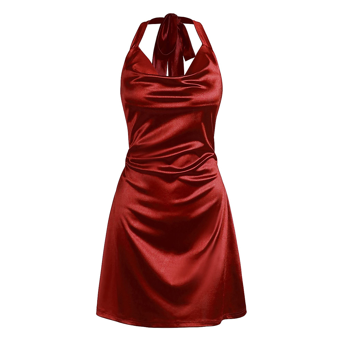 ZAFUL Women Halterneck Satin Mini Dress Sexy Cowl Neck Silky Party Cocktail Club Dress (Red-Halter-A, M)