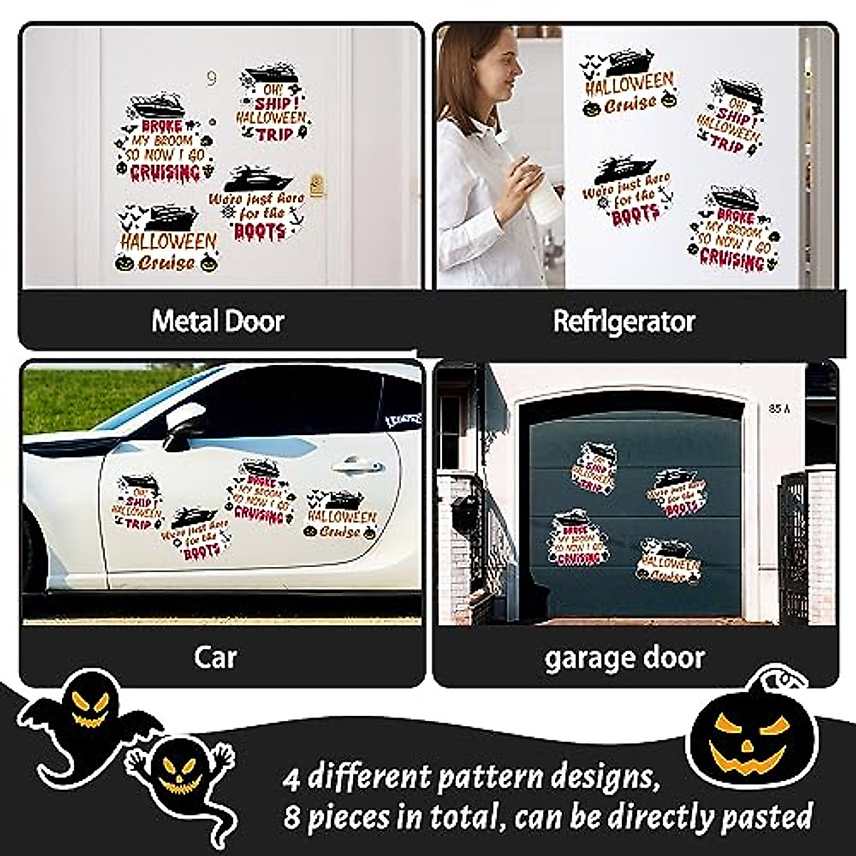 8 Pcs Halloween Magnetic Stickers Pumpkin, Ghost, Witch Hat, Bat, Skull Car Magnets for Halloween Decorations Cruise Door, Carnival Cruise Ships, Fridge, Garage Door